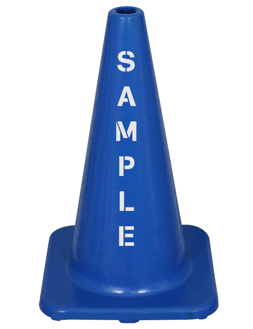 solid blue 18 inch economy cone with double sided custom stencil ...