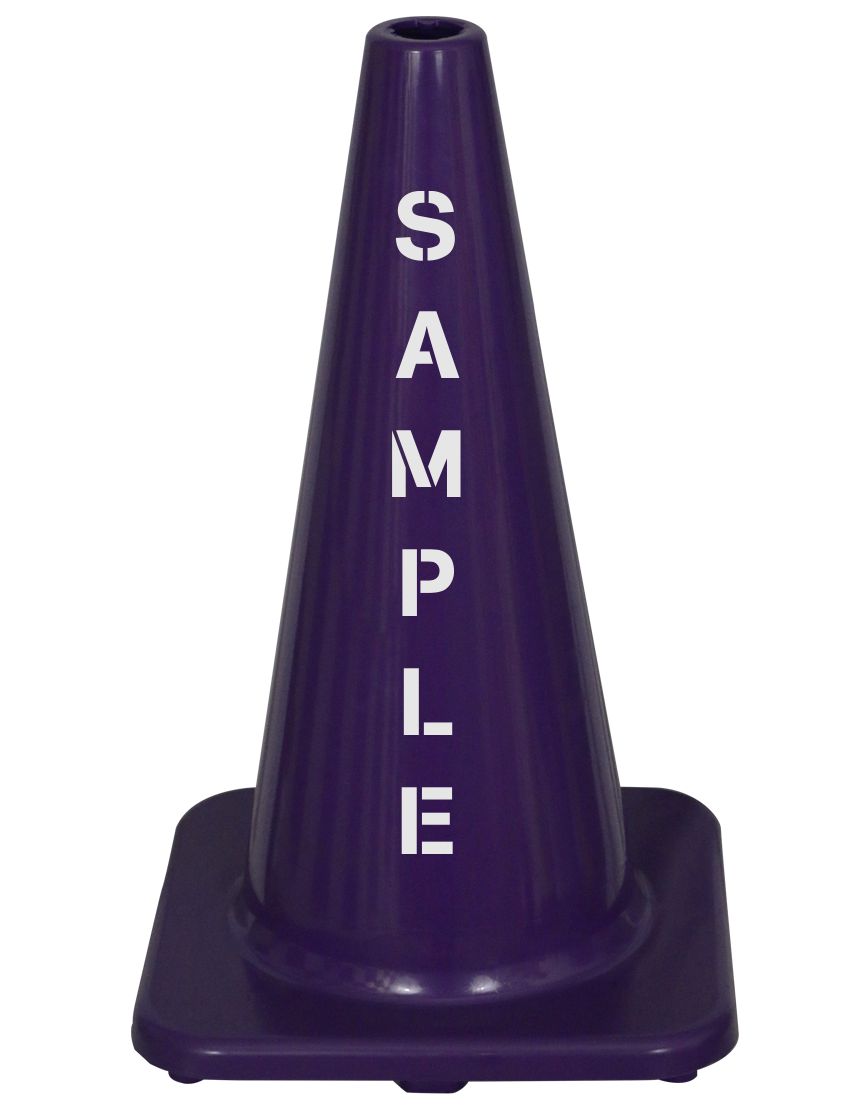 solid purple 18 inch economy cone with double sided custom stencil ...